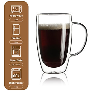 Aurzen 2 Pack Double Walled Glass Coffee Mugs with Handles, Large Insulated Layer Coffee Cups, 15oz Clear Borosilicate Mugs, Perfect for Cappuccino, Tea, Microwave Safe