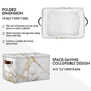 AUUXVA White Gold Marble Storage Basket Bin Large Fabric Toys Storage Cube Box with Handles Collapsible Closet Shelf Cloth Organizer Basket Set of 2 for Nursery Bedroom