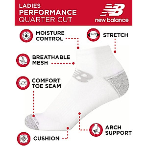 New Balance Women's Athletic Socks - Cushion Quarter Cut Ankle Socks (12 Pack), Size 410, Solid White