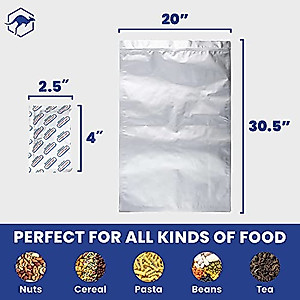 15x 5 Gallon Wallaby Mylar Bag Bundle - Silver (5 Mil) With 20 Single Sealed Oxygen Absorbers & Labels - Resealable Zipper, FDA Grade, Air-Tight, Light-Blocking, for Long Term Food Storage