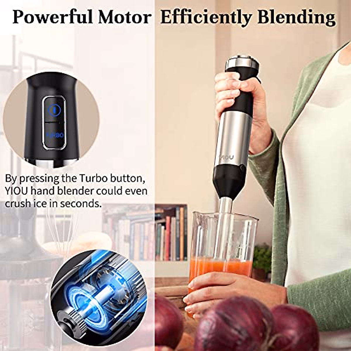 YIOU Immersion Blender, Ultra-Stick Hand Blender Variable Speed Hand Blender 500 Watt Heavy Duty Copper Motor Brushed 304 Stainless Steel for Soups Sauces and Smoothie, Set Black