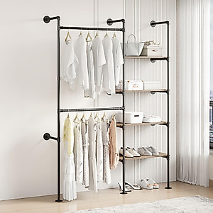 Woskar Industrial Pipe Clothing Rack, Hanging Rods Clothes Rack with Shelves, Clothes Rack for Wardrobe, Corner Closet System for Walk in Closets, Heavy Duty Hanging Clothes Rackk