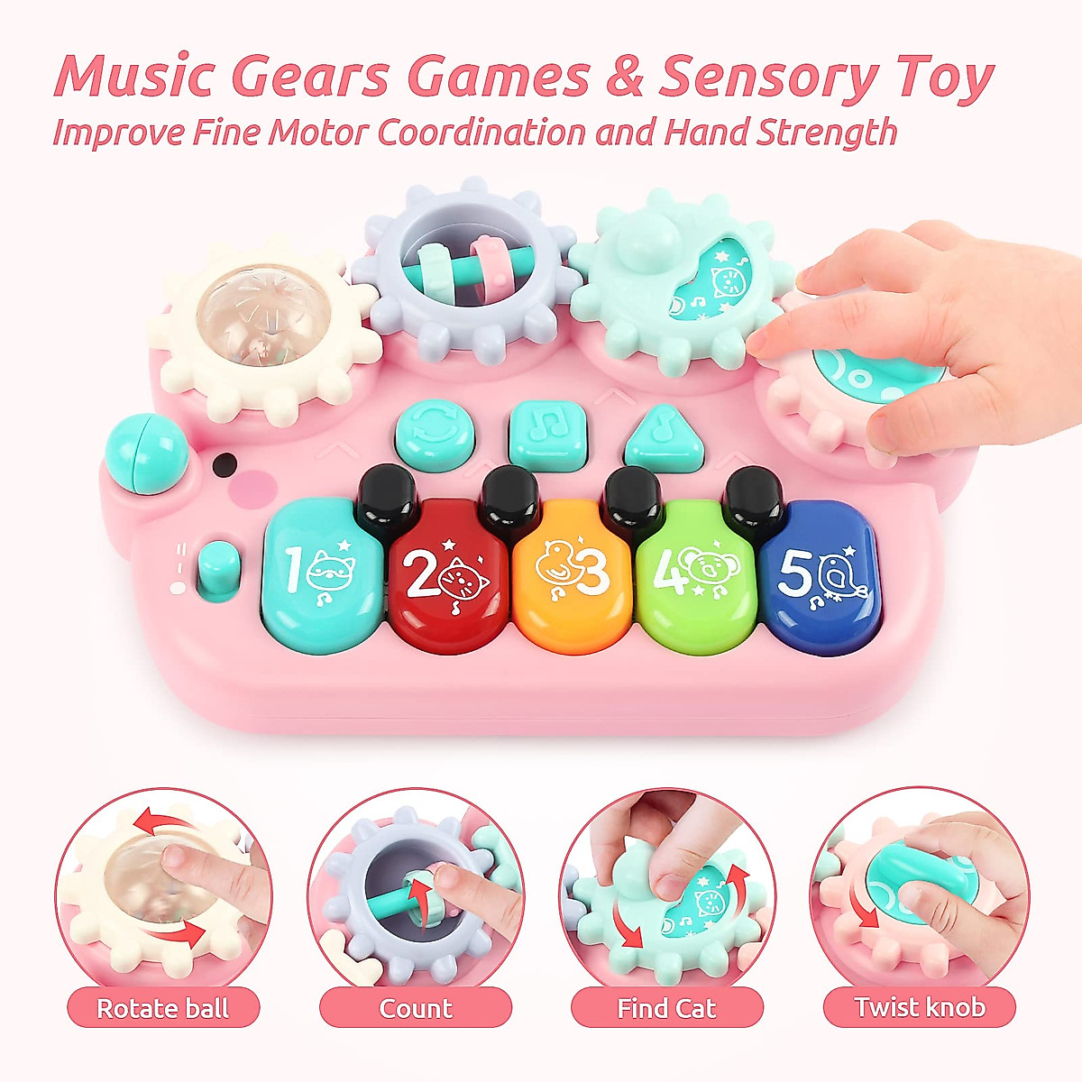 BAOLI Baby Piano Toys 18 Months, Kids Piano Keyboard with Gears Game, Light Up Musical Toys for Toddlers Boys Girls, Early Educational Music Toy, Kids Birthday Gift Pink