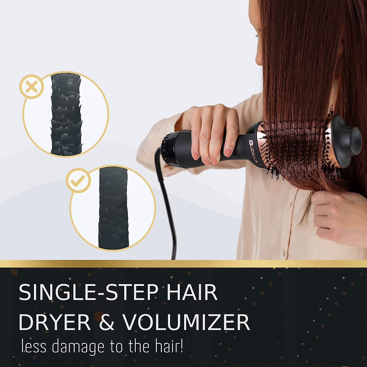 Professional Blow Dryer Brush Hair Styler by UZALLA | Powerful Frizz-Eliminating Ionic Hair Dryer Brush | Hot Air Brush Dryer and Volumizer for Women | Dual-Action Bristles, & 75MM Oval Shape