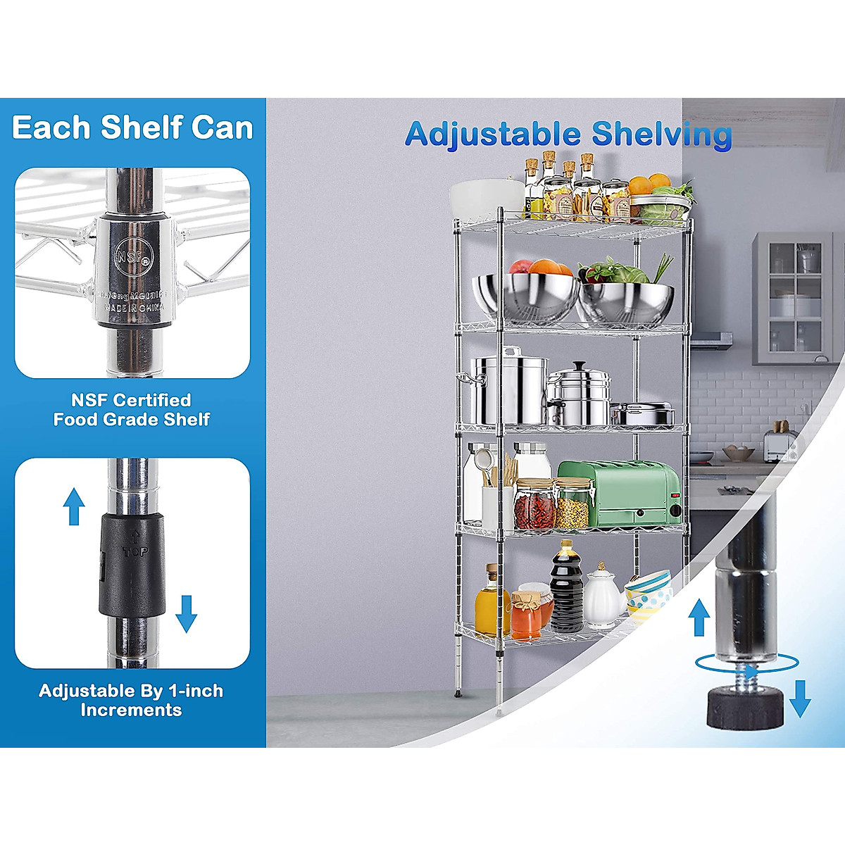 5-Tier Metal Wire Shelving Unit Kitchen Shelf Organizer Kitchen Storage Rack Utility Shelf Snack Shelf, NSF Certified Storage Shelves for Storage, Garage Shelving Storage Shelf Pantry Shelves