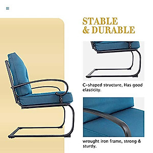 Oakmont Outdoor Bistro Set 3-Piece Spring Metal Lounge Cushioned Chairs and Bistro Table Set Wrought Iron Cafe Furniture Seat,Peacock Blue