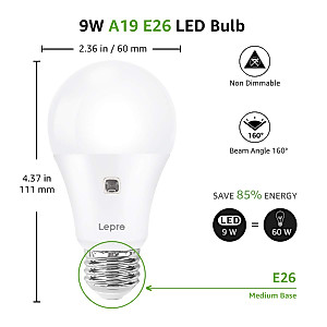 Lepro Dusk to Dawn Light Bulbs Outdoor Lighting, Auto On/Off, Light Sensor LED Bulbs, 60 Watt Equivalent, Non-Dimmable, A19 E26 Medium Screw Base, 9W 806 Lumens, Daylight White, Pack of 2