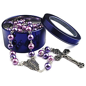 HanlinCC Purple and Pink Glass Pearl Beads Rosary Necklace with Miracuolus Center Piece and Aint-Silver Crucifix with Puprle Metal Gift Box