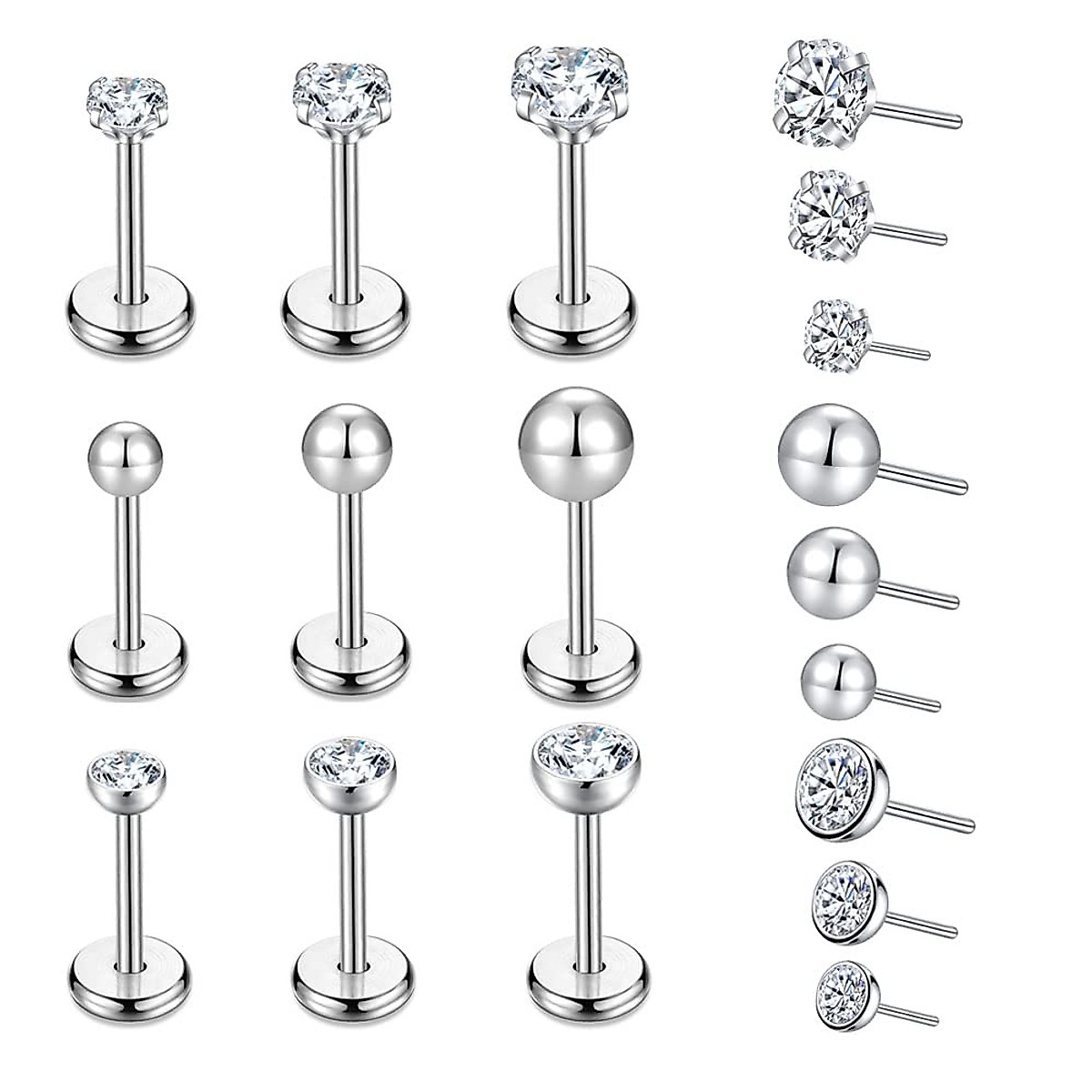 9pcs Threadless Push in nose rings studs for Multiple Piercing,316L Surgical Stainless Steel lip rings studs Labret Jewelry Cartilage Tragus Helix Earrings Studs Monroe Medusa Piercing Jewelry for