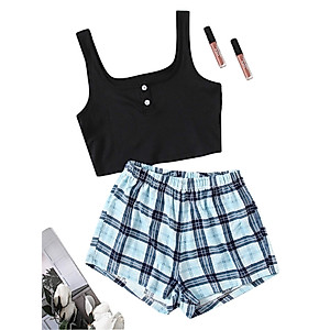 Verdusa Women's 2 Piece Outfits Crop Tank Top and Plaid Shorts Cute Loungewear Pajama Set Black Blue L