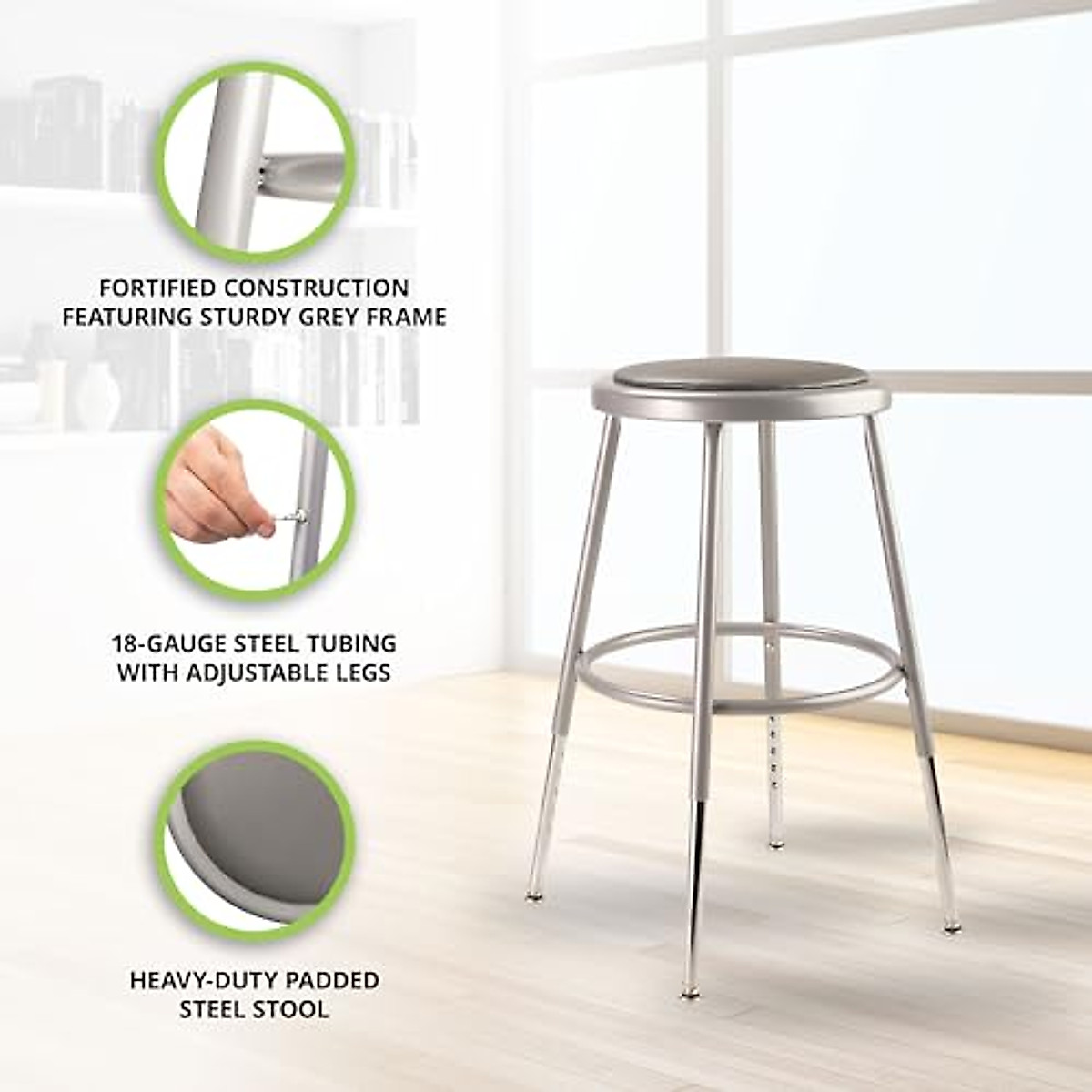 National Public Seating 6400 Series Heavy Duty 18 Inch Adjustable Height Steel Stool with Vinyl Padded Seat, Grey Frame and Legs