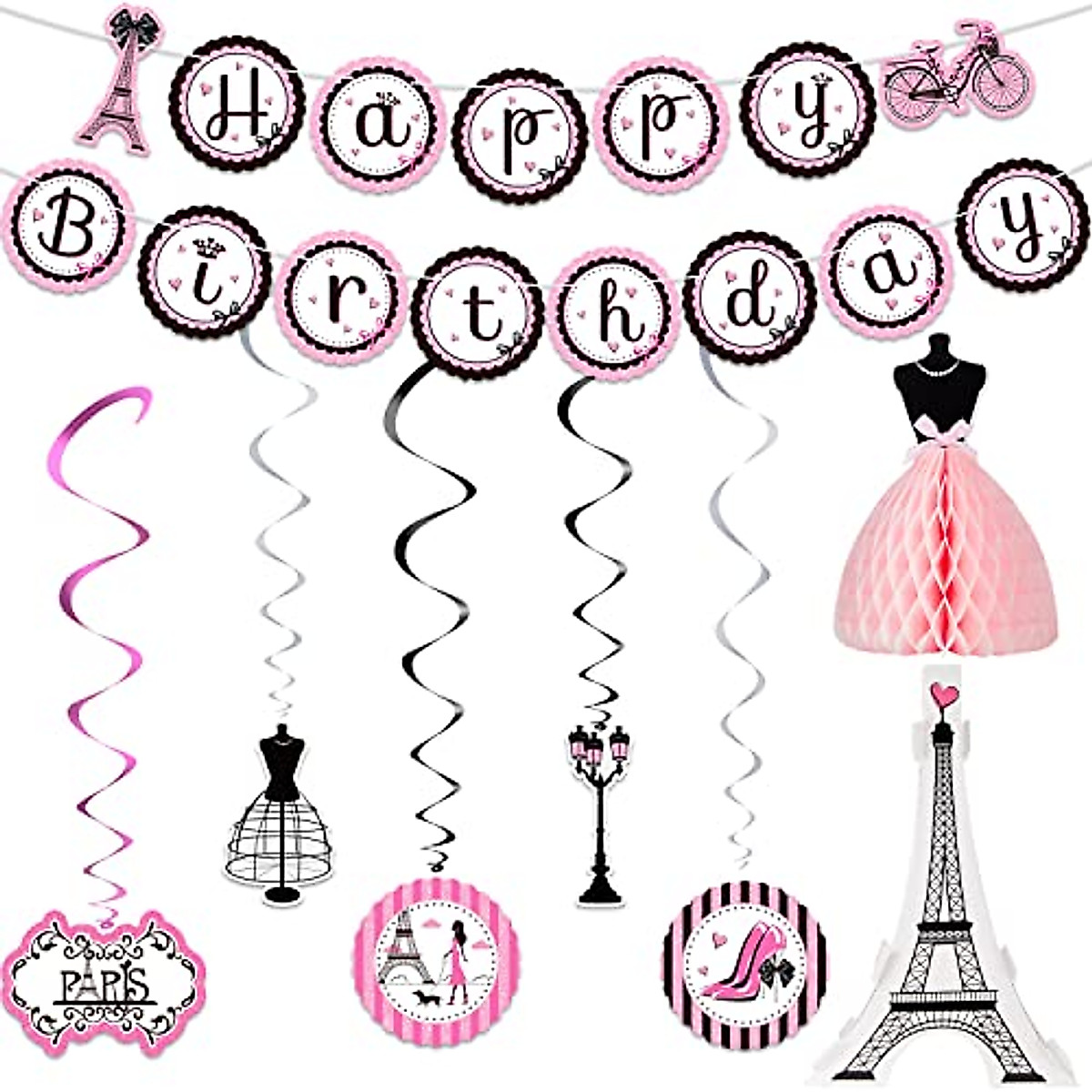 Paris Party Decorations Set, Paris Happy Birthday Banner Dress Honeycomb Centerpiece Eiffel Tower Cutout Paris Hanging Swirl Decoration for Baby Shower Birthday Paris Theme Party Supplies