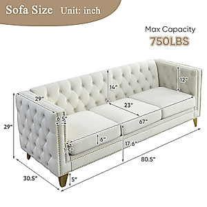 Antetek Comfy Upholstered Couches for Living Room, 80-inch Modern Button Tufted 3-Seater Sofa w/Square Arm, 4 Golden Metal Legs and Gold Nail Heads for Living Room, Office, Apartment, Beige