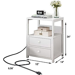 Roozmausy Nightstand with Charging Station LED Lights AC,White nightstand,Bedside Table with Drawer,Bedside Cupboard,Bedside Cabinets,Small Spaces Side End Table (White-2Drawer)