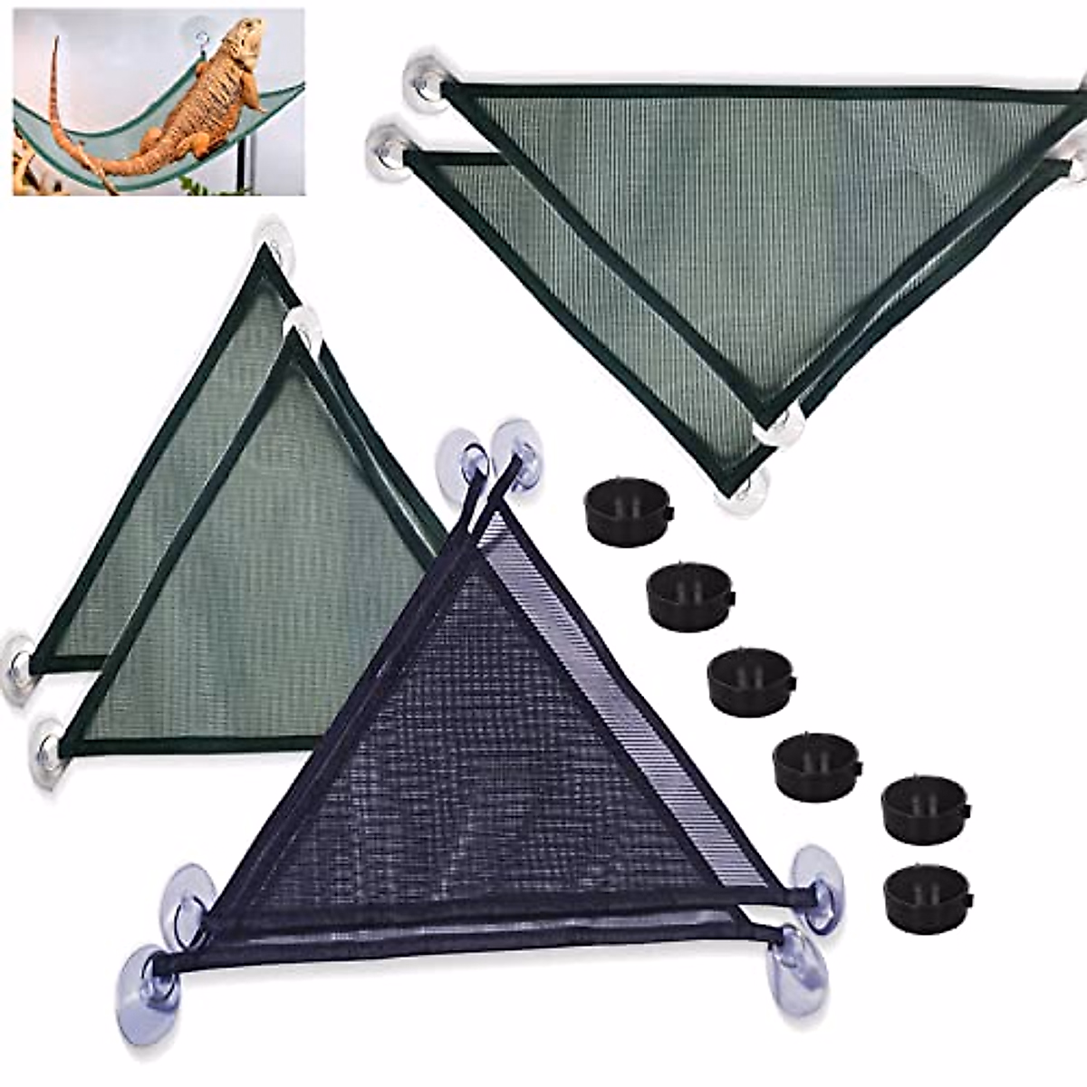Lucky Interests 6 pcs Reptile Hammock Lounger, Lizard Hammock with Strong Suction Cup Triangle Bearded Dragon Lounger for Iguanas Geckos Lizards Anoles Snakes with 6 Reptile Food Bowl (Green, Black)