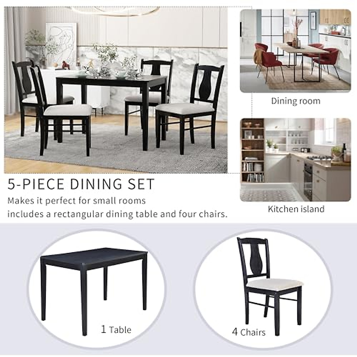 THINK 30 5-Piece Kitchen Dining Table Set, 48” Compact Table & Chair Set for Home, Dinning Room, 2-4 Person, Space Saving Wooden Rectangular Dining Table and 4 Upholstered Chairs-Black