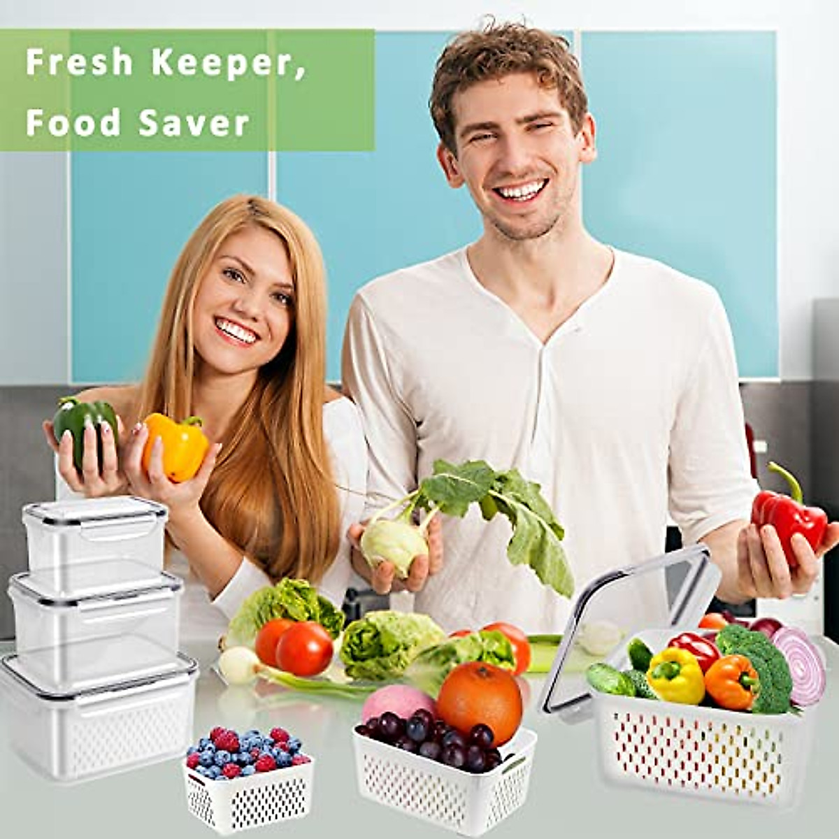 WBKTOOL Fruit Storage Containers for Fridge, 3 Pack Vegetable Container Produce Saver with Drain Colanders + Lids, Berry Containers Salad Lettuce Food Fresh Keeper for Refrigerator Organizer