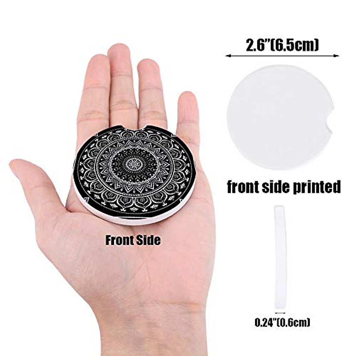 Absorbent Car Coasters for Cup Holders Black and White Indian Mandala, Small 2.56inch Ceramic Stone Drink Coaster for Women Men, Hippie Boho Tribal Art Set of 2 Pack