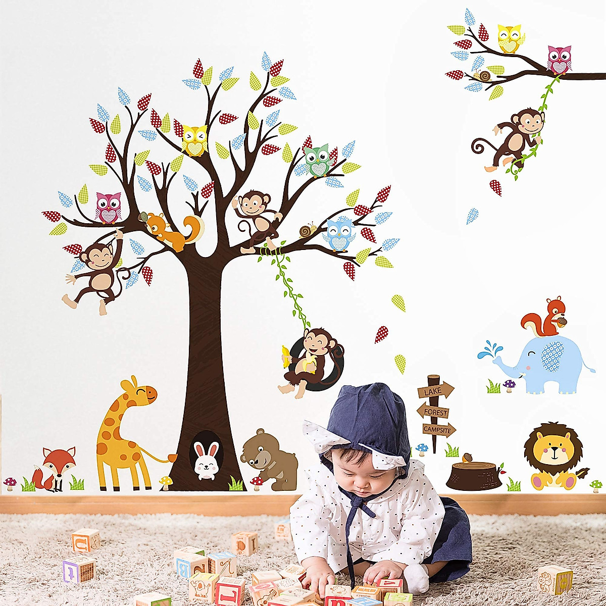 LiveGallery Cartoon Animals Wall Decals Removable Tree Wall Stickers DIY Owls Wall Art Cute Monkey Elephant Giraffe Wall Decal for Kids Boys Children Bedroom Playroom Nursery Rooms Decoration 39"x65"