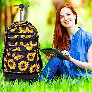Rolling Backpack for Girls, 21 Inch Roller Wheeled Sunflower Flowers Bookbag for Students School, Water Resistant Elementary Travel Backpacks with Wheels