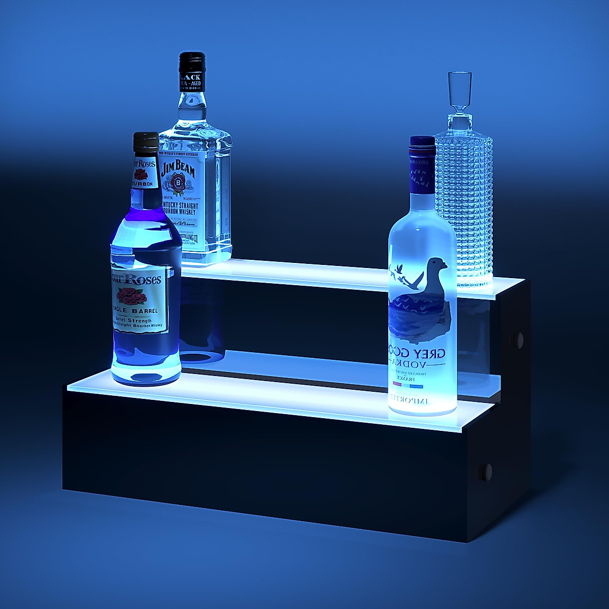 Warmiehomy LED Lighted Liquor Bottle Display Shelf, 16" 2 Step Acrylic Bar Shelves for Liquor Bottles, Alcohol Whiskey Shelves with Smart App & Remote Dual Control for Home Commercial Bar Drinks