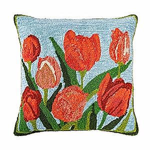 Plow & Hearth Indoor/Outdoor Pink Tulips Hooked Polypropylene Throw Pillow, Finely Detailed, All-Weather, Durable Polypropylene/Poly-Canvas Cover, Easy to Clean, Machine Washable, 18" sq.