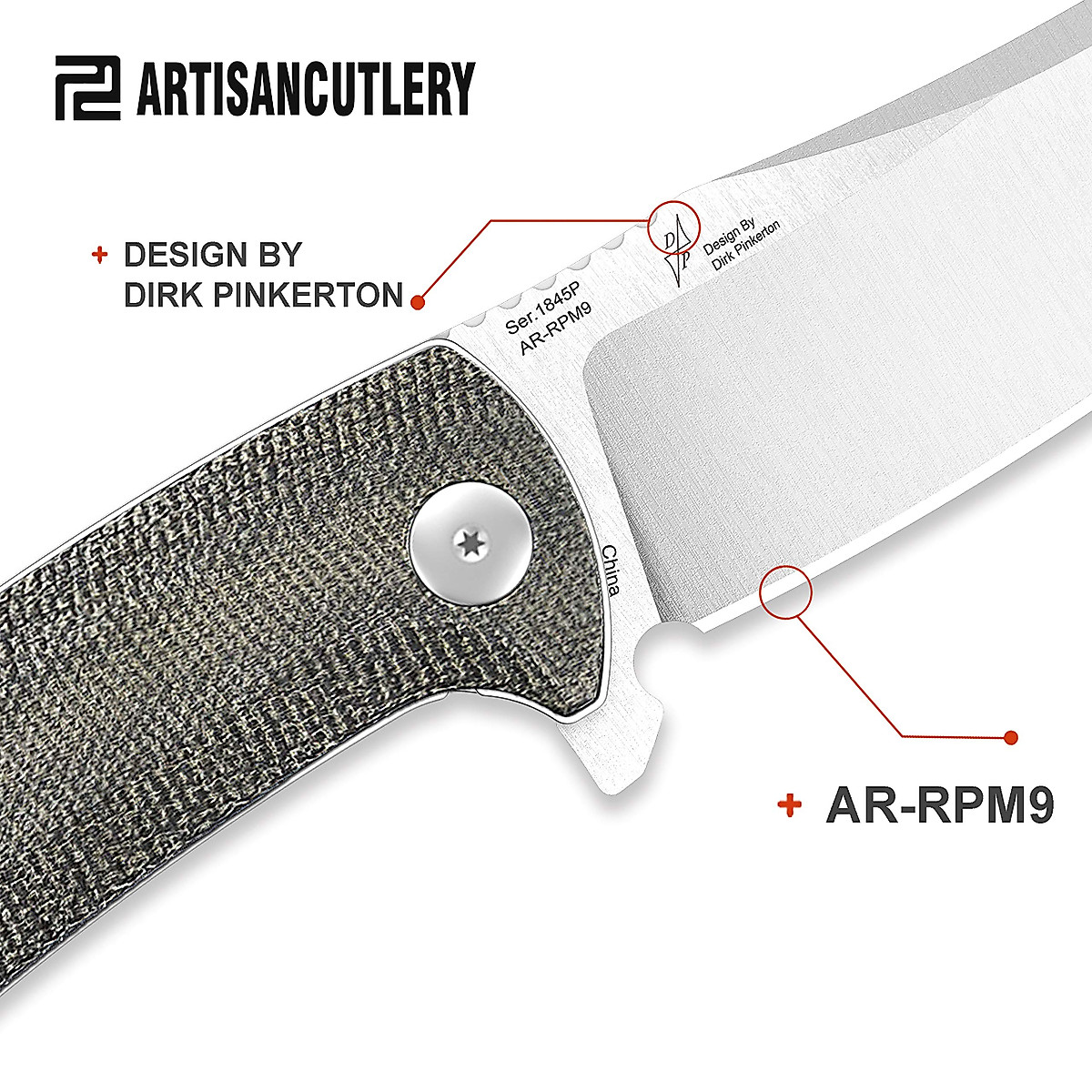 ARTISANCUTLERY Folding Knife Arroyo (ATZ-1845) AR-RPM9 Powder Steel Balde Micarta Tactical Handle Pocket Folding Knife EDC OD Green Micarta