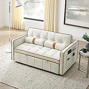 JULYFOX Beige Color Velvet Pull Out Sleeper Sofa,55 in Wide Mid Century Modern Loveseat Couch Sofa Button Tufted with Side Storage Pockets Recline Back Lumber 2 Round Toss Pillows for Small Spaces