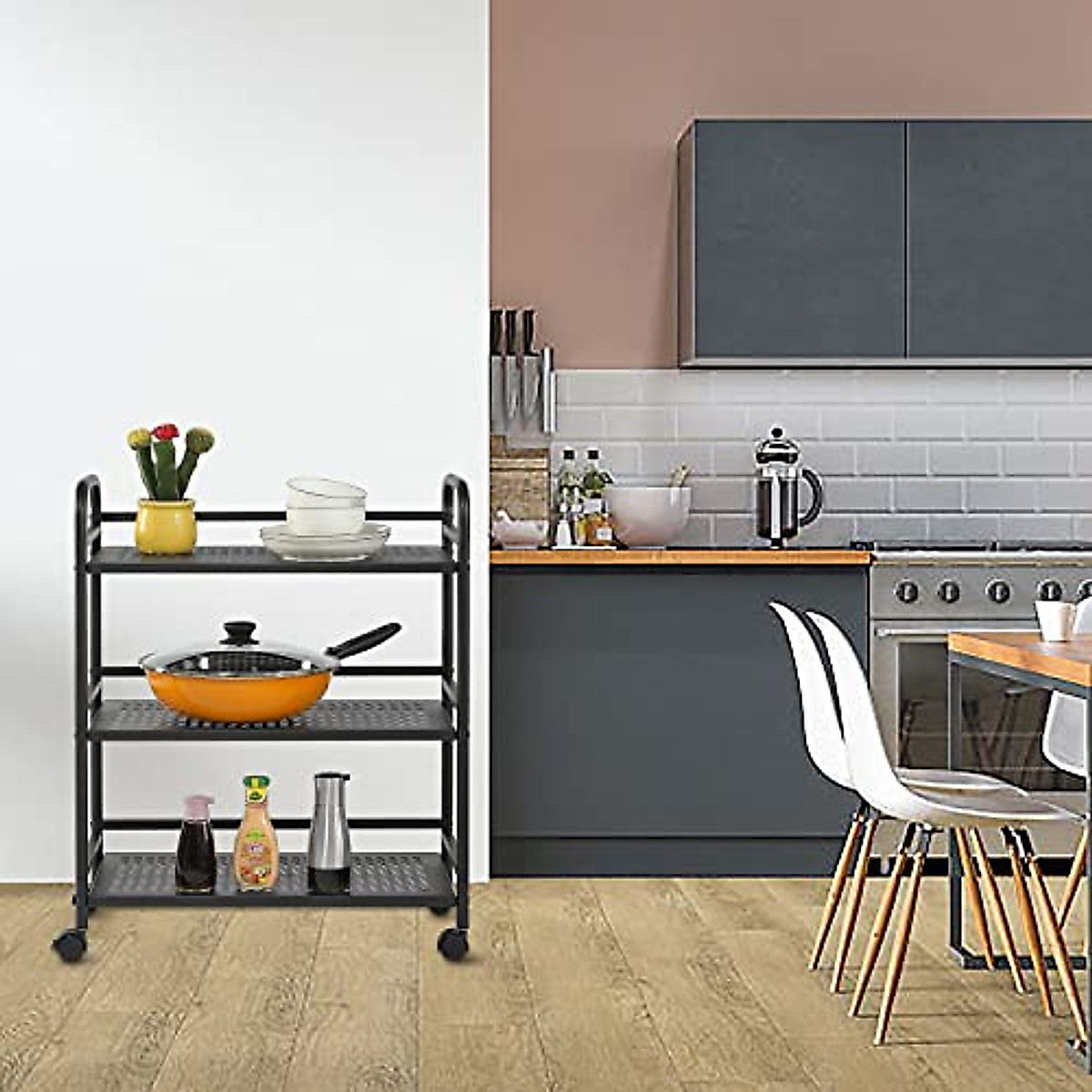 DCLRN 3 Tier Metal Mesh Utility Cart,Rolling Cart,Dining Cart,Multipurpose Storage Rack,Heavy Duty Cart with Locking Wheels(Black)