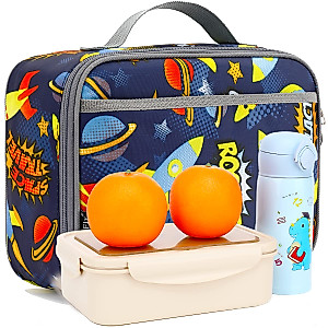 FlowFly Kids Lunch box Insulated Soft Bag Mini Cooler Back to School Thermal Meal Tote Kit for Girls, Boys, Outer Space Rocket Ships in Dark Navy Blue