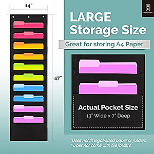 Heavy Duty Storage Pocket Chart for classroom and Office, 10 Pockets, 3 Over Door Hangers Included, Hanging Wall File Organizer for File Folders, School Mailbox, Home/Office Papers & More (Black)