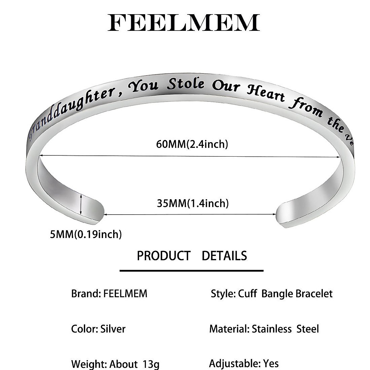 FEELMEM Granddaughter Bracelet Granddaughter, You Stole Our Heart from the Very Start Cuff Bangle Gift for Granddaughter Family Jewelry(Granddaughter Stole Heart-Silver)