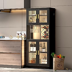 LVSOMT LED Wine Bar Cabinets with Removable Wine Rack, Bar Cabinets for Liquor with Light Motion Sensor, Kitchen Cabinet Storage for Dinning Room, Living Room (Black)
