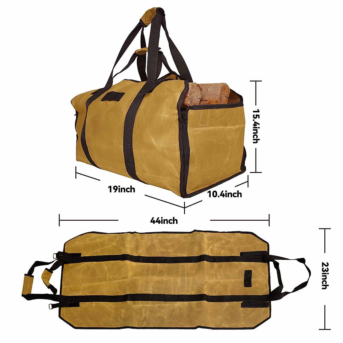 Cupohus Extra Large 2in1 Firewood Carrier Waxed Canvas Bag 44”x23”, Heavy Duty Log Holder Tote Bag with Handles and Shoulder Strap for Indoor Fireplace Wood Stove Accessories, Outdoor Camping (Khaki)