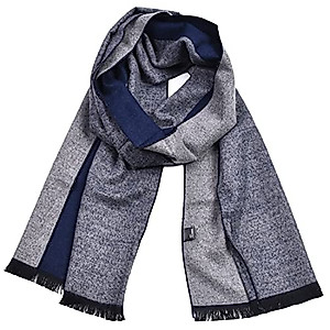 Runtlly Men's Winter Cashmere Scarf Stripes Warm Soft Scarves with Tassel Luxurious Winter Scarf M189510 NavyGrey