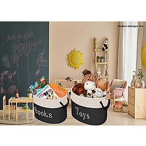 Toy Rope Storage Basket - 15 x 11 x 9 Toy Bin - Embroidered Storage Bins - Black and White Basket - Tote Bin for Nursery, Playroom, Living Room, Classroom