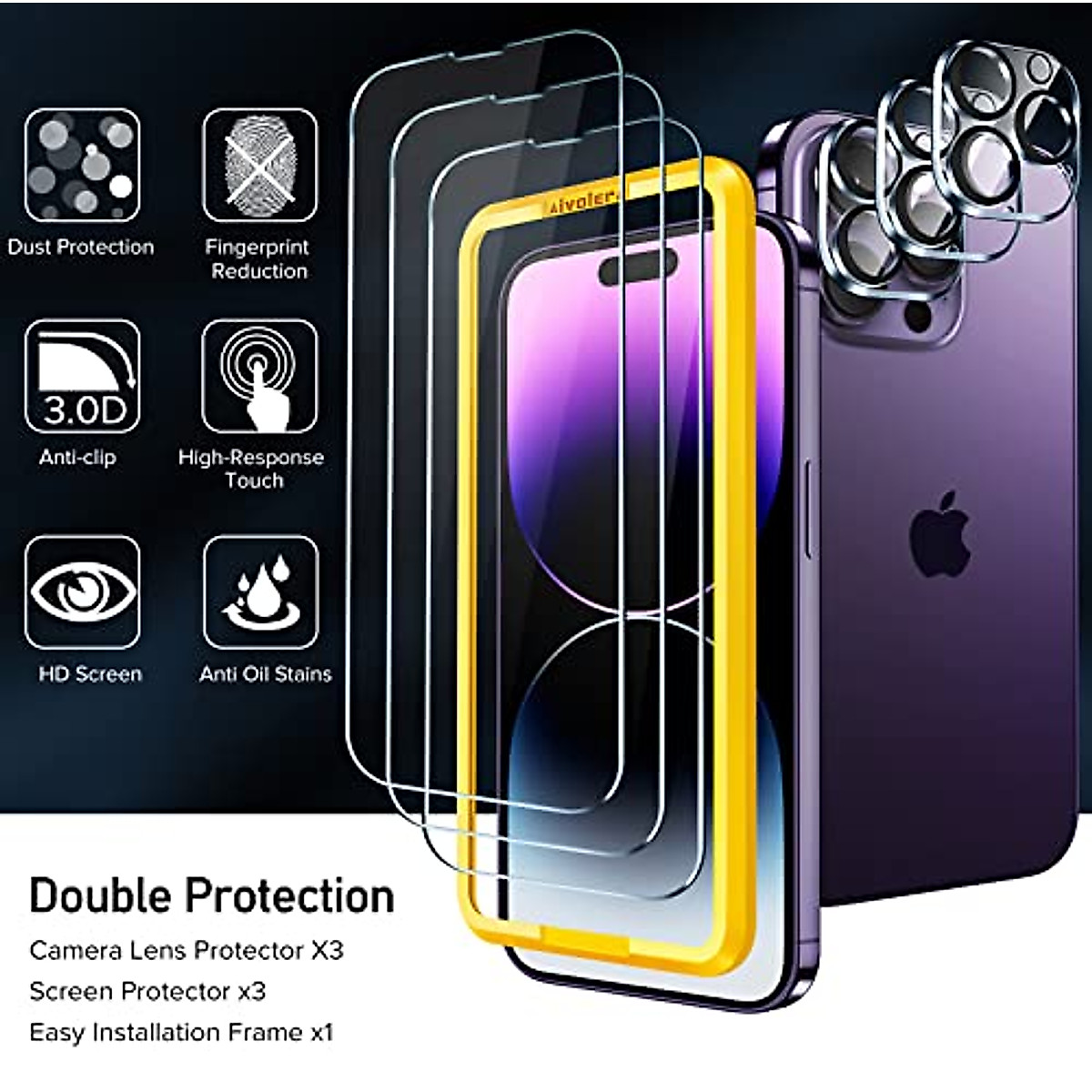ivoler Screen Protector [3+3 Pack] for iPhone 14 Pro 6.1 inch [3 Pack] with [3 Pack] Camera Lens Protector, Double Shatterproof Tempered Glass [Easy Installation Frame] [9H Hardness] [99.99% HD Clear]