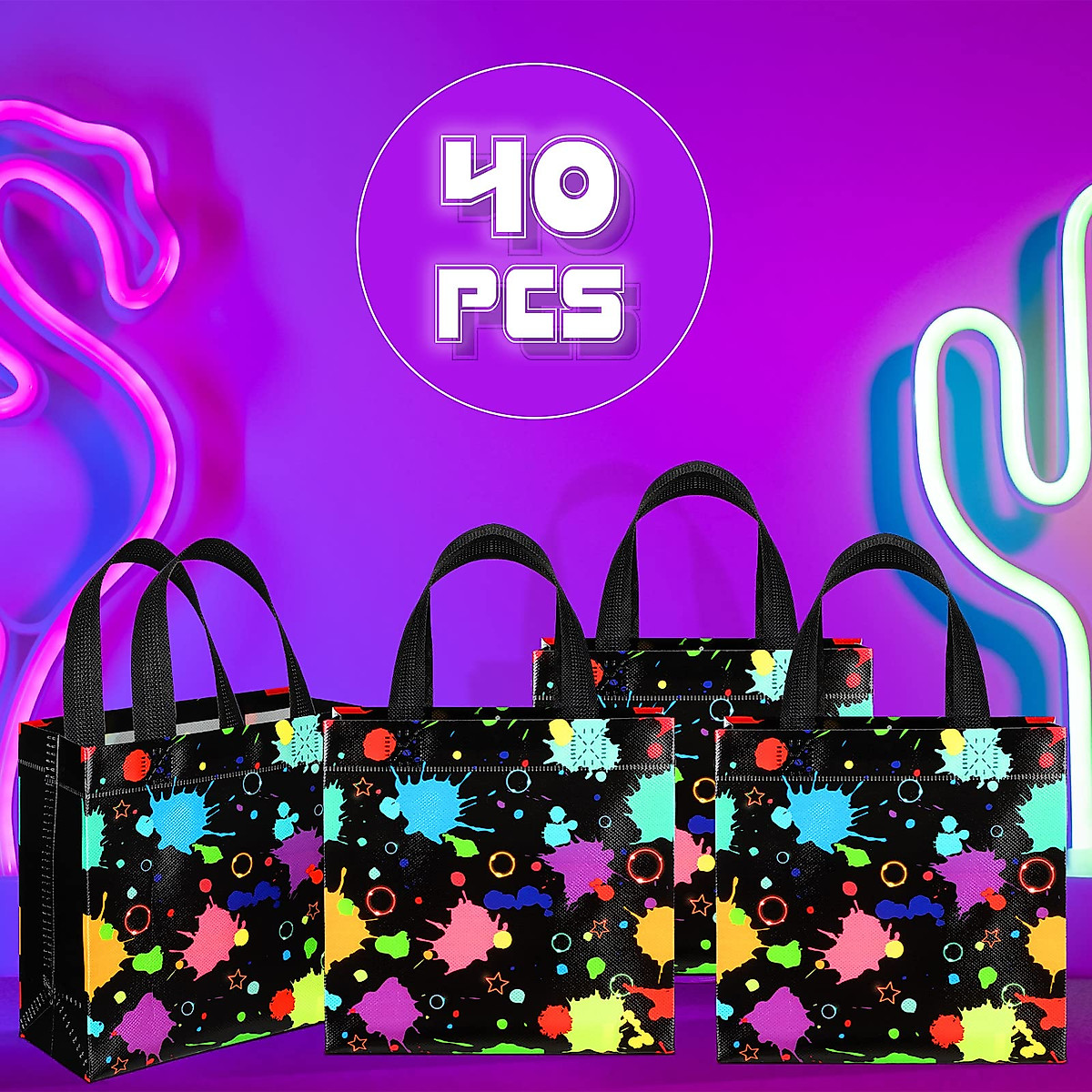 Sweetude 40 Pcs Glow in the Dark Gift Bags Glow Party Gift Treat Bag Neon Theme Party Candy Gift Bags with Handles Non Woven Goodie Gift Bags for Party