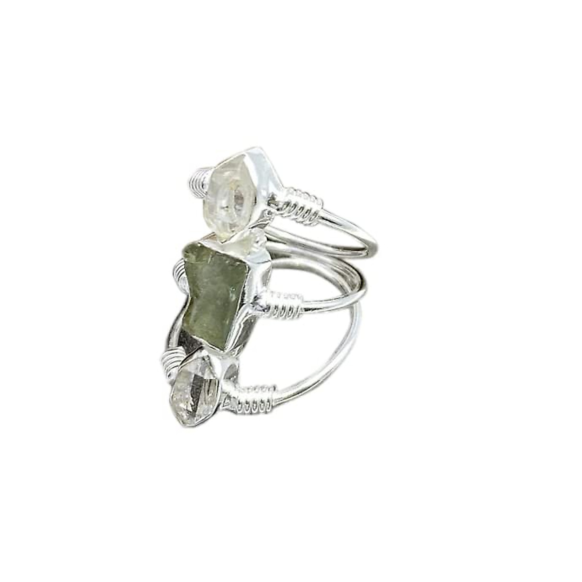 Natural Crystal & Moldavite Gemstone Ring, 925 Sterling Silver Ring, Raw Moldavite Ring, Handmade Ring, Shungite Ring, Birthstone Ring, Statement Ring, Gift for Mom, Rough Gemstone Ring, White