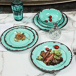 Rustic Melamine Dinnerware Set - 12 Pcs Yinshine Outdoor Camper Dinnerware Dishes Set Service for 4, Green