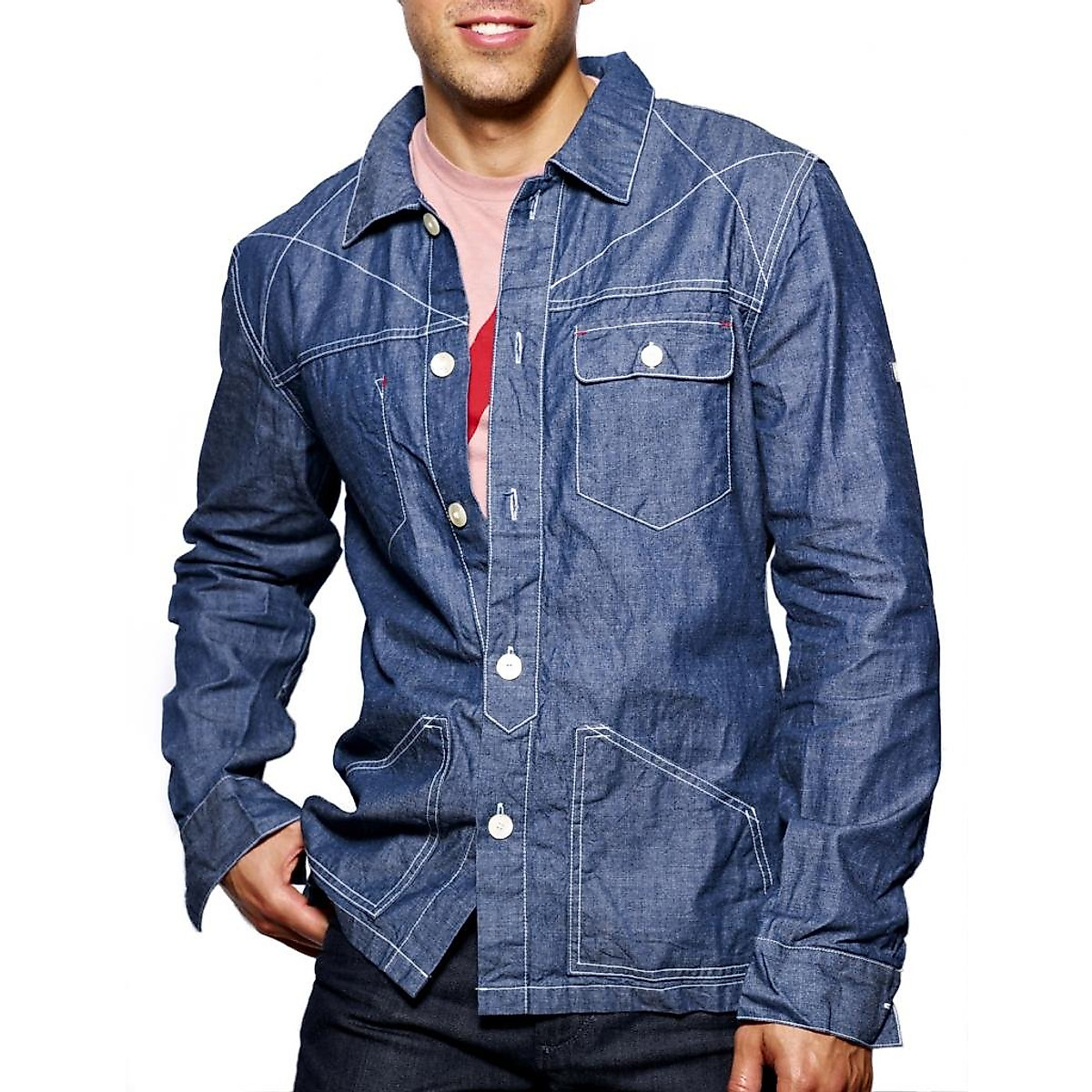 Doberman Menswear Men's Buckle-Back Denim Shirt-L-Indigo Blue