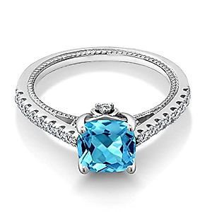 Gem Stone King 925 Sterling Silver Cushion 7MM Gemstone Birthstone and White Created Sapphire Engagement Ring | Wedding Engagement Anniversary Promise Ring For Women