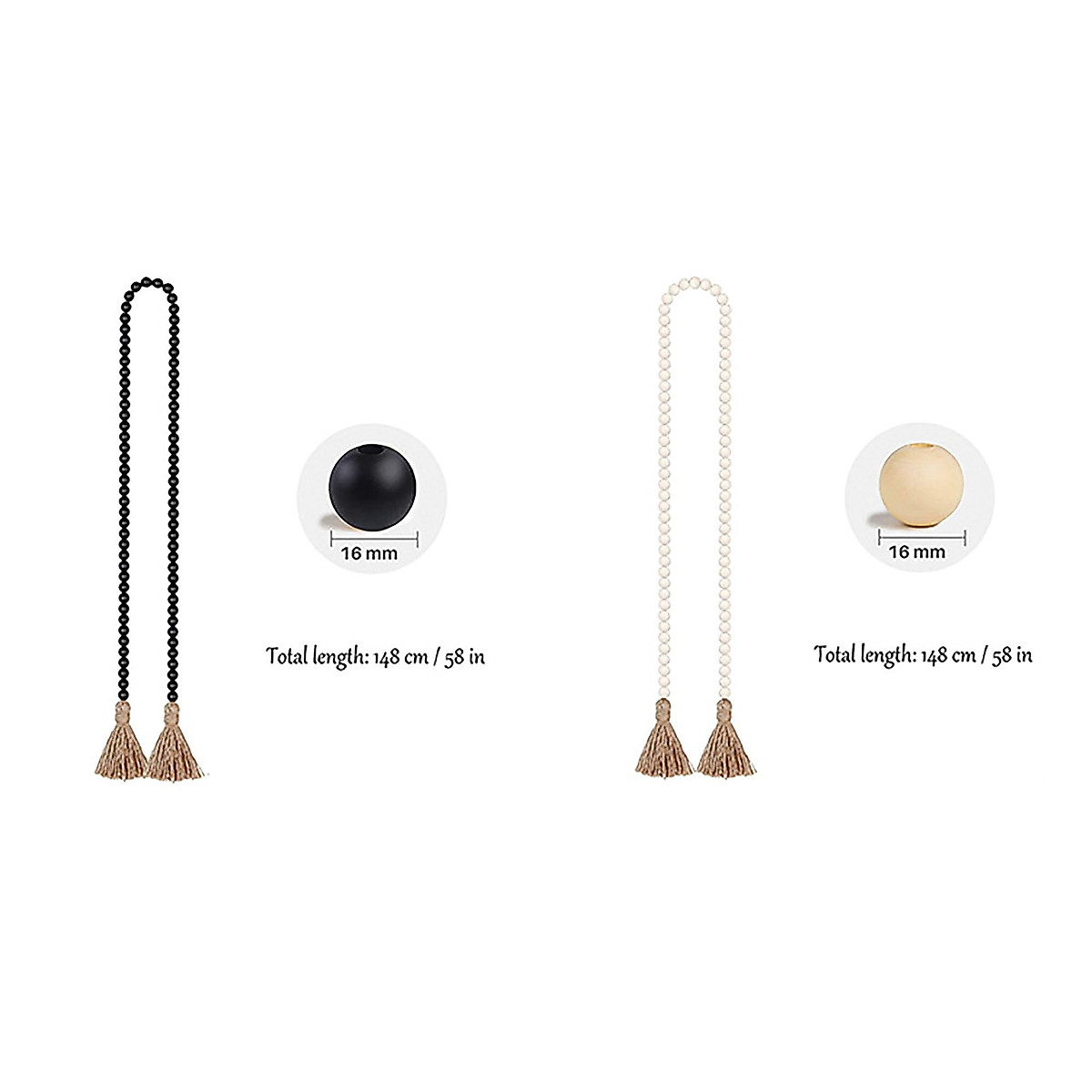 Vawolecy Farmhouse Beads 58in Wood Bead Garland with Tassels, Natural Rustic Country Home Decor Prayer Boho 84 Beads Garland for Tiered Tray Xmas Wall Table Decor