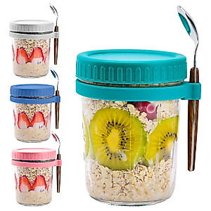 4 Pcs Portable Overnight Oats Containers with Lids and Spoons, 12 oz Mason Jars, Glass Jars with Measurement Marking, Reusable Yogurt Container for Cereal Fruit Salad