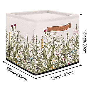 Wildflowers Storage Basket Fabric Cube Storage Baskets Foldable Decorative Square Storage Bins with Handles for Closet Bedroom Shelf Organizing Toys