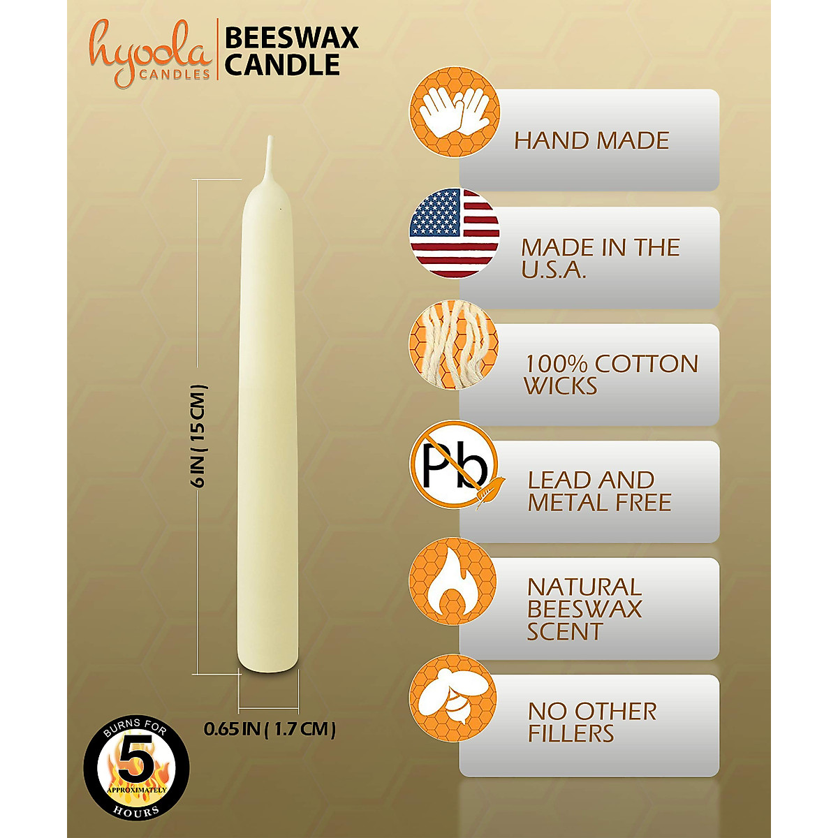 Hyoola 5" Beeswax Taper Candles 12 Pack - Handmade, All Natural, 100% Pure Unscented Bee Wax Candle - Tall, Decorative, White 5 Hour Burn Time