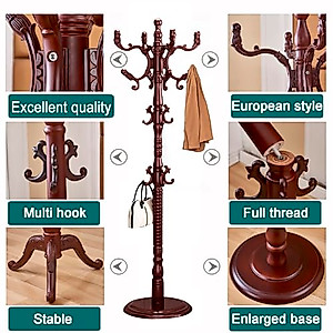 XIMSPHY Coat Rack Freestanding, Wooden Tree Coat Racks with Sturdy Round Base and 14 Hooks, Mahogany Vintage Coat Rack for Bedroom Living Room Office, for Hats Bags Coats, 185x43cm