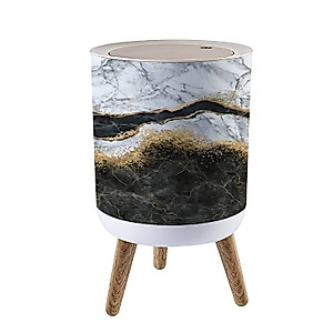 IBPNKFAZ89 Abstract marbling Black and White Marble with Golden Veins Fake Trash Can with Lid Small Garbage Bin Wood Waste Bin Press Cover Round Wastebasket for Bathroom Bedroom Kitchen 7L/1.8 Gallon