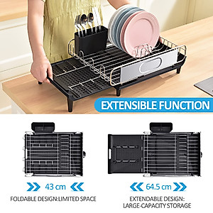 TOOLF Dish Drying Rack, Stainless Steel Dish Rack, Expandable(14.5"-25.3") Dish Drainer Rack and Utility Drainboard Set with Foldable Rack, Utensil Holder Cups Holder for Countertop, 1 Piece Black