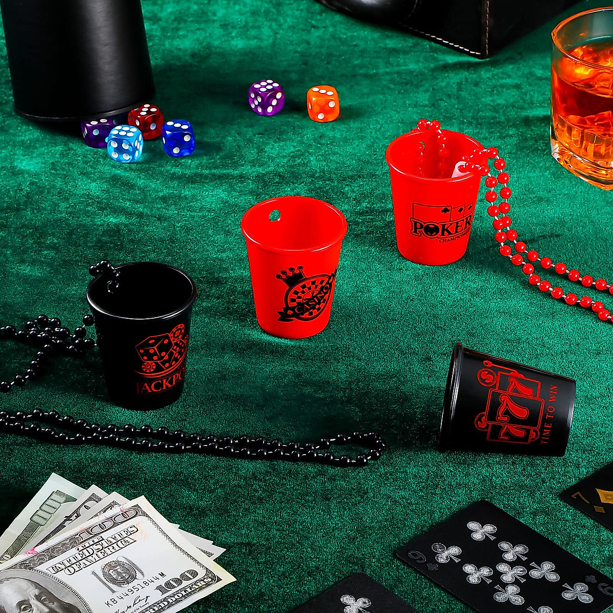 Kingdder 12 Pcs Casino Shot Glass Necklace on Beaded Plastic Shot Necklace Cup Shot Glasses Casino Themed Party Favors, Graduation Las Vegas Party Decoration, 4 Styles(Casino)